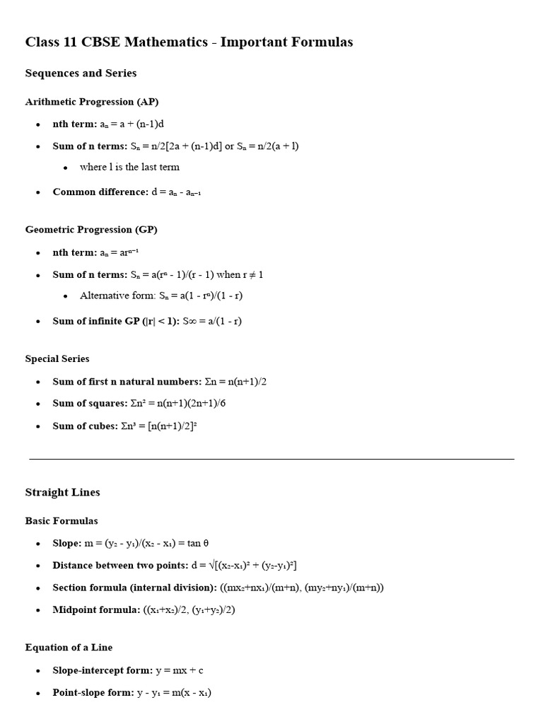Class 11 CBSE Mathematics Formulas | PDF | Trigonometric Functions ...