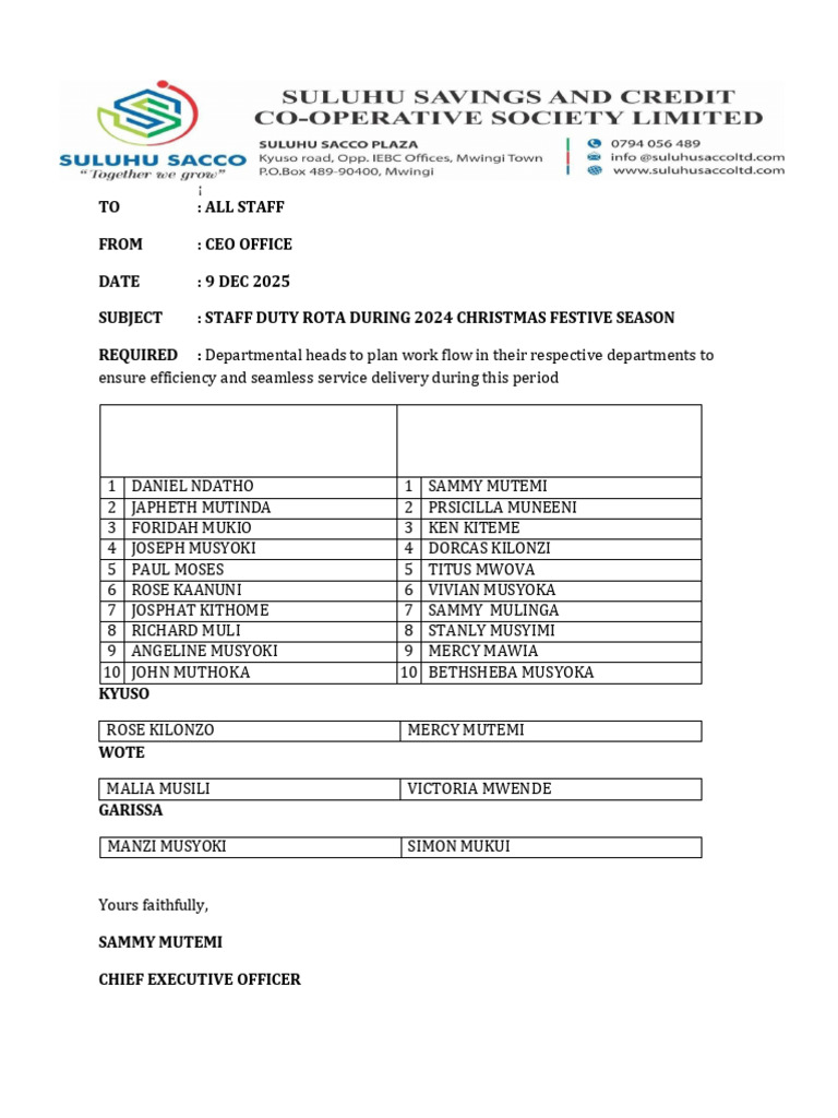 2024 Christmas Staff Duty Rota | PDF
