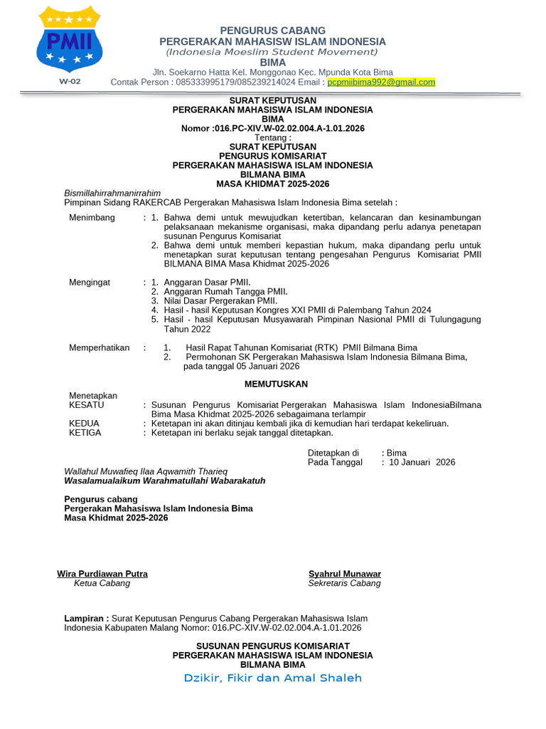 SK Pengurus PMII Bilmana Bima 2025-2026 | PDF