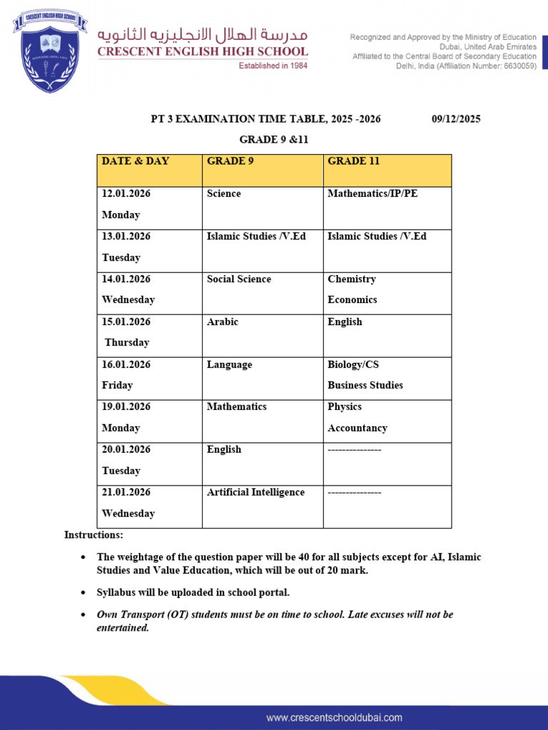 2025-2026 Grade 9 & 11 Exam Schedule | PDF