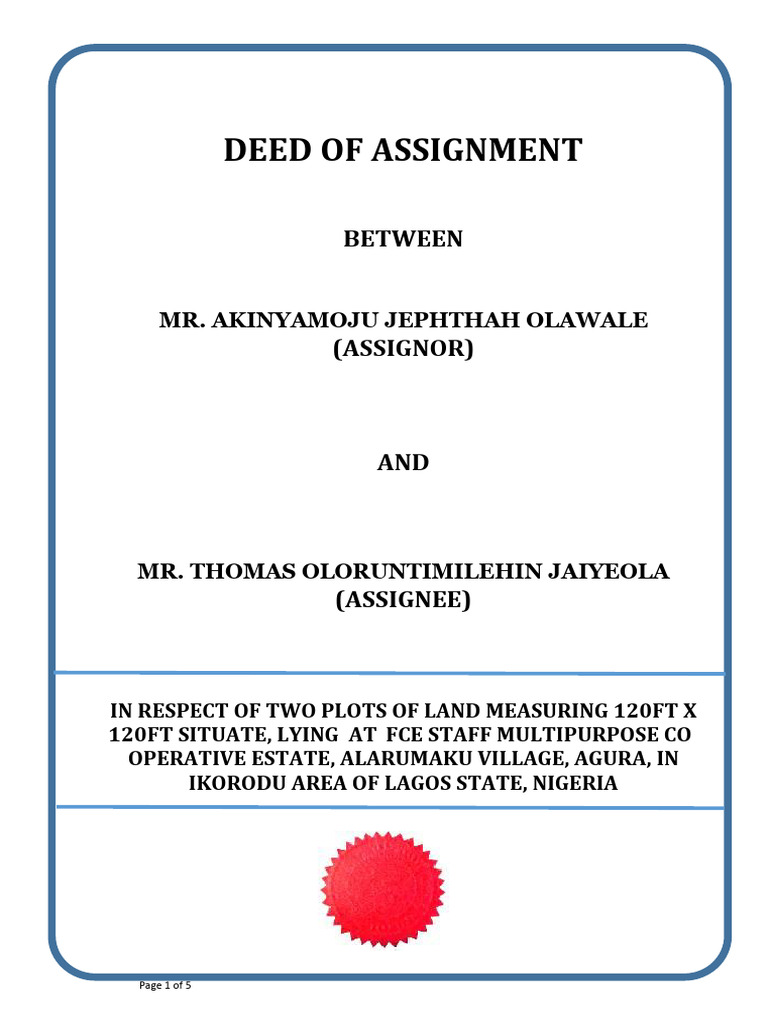 Deed of Assignment for Lagos Land | PDF | Assignment (Law) | Consent