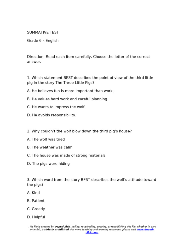 Grade 6 English Summative Test Guide | PDF