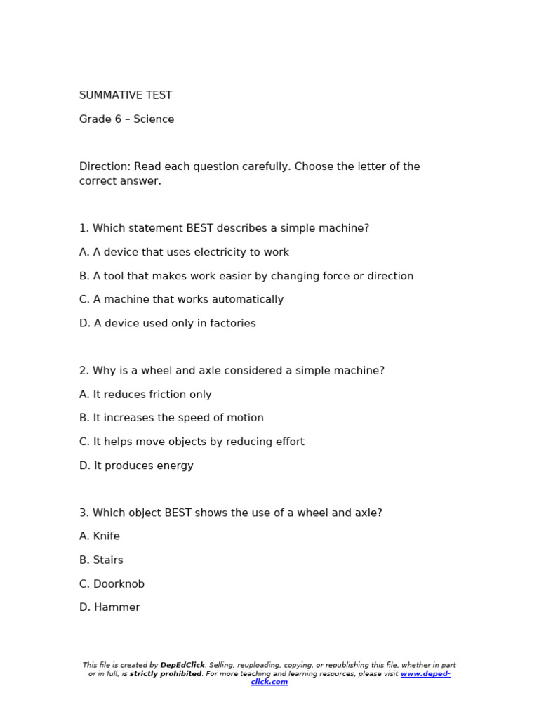 Grade 6 Science: Simple Machines Test | PDF | Machines | Mechanical ...