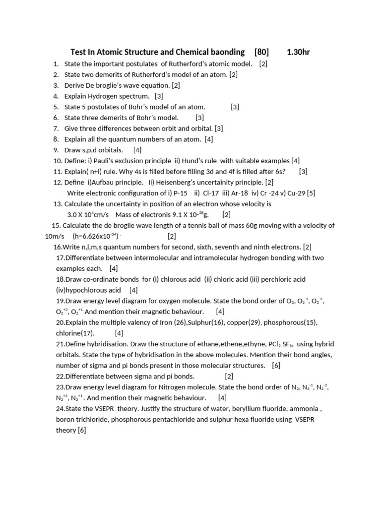 Chemistry Revision Sheet Atomic Structure and Chemical Bonding | PDF