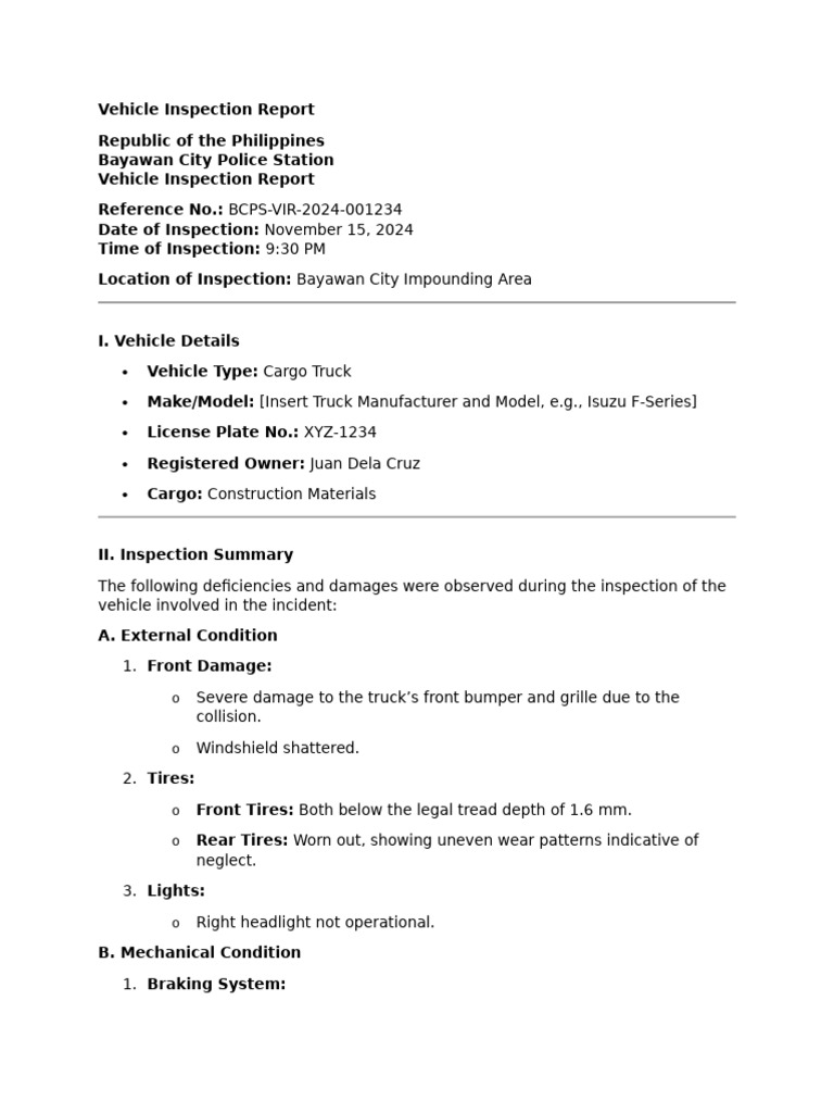 Vehicle Inspection Report Draft | PDF | Tire | Vehicles