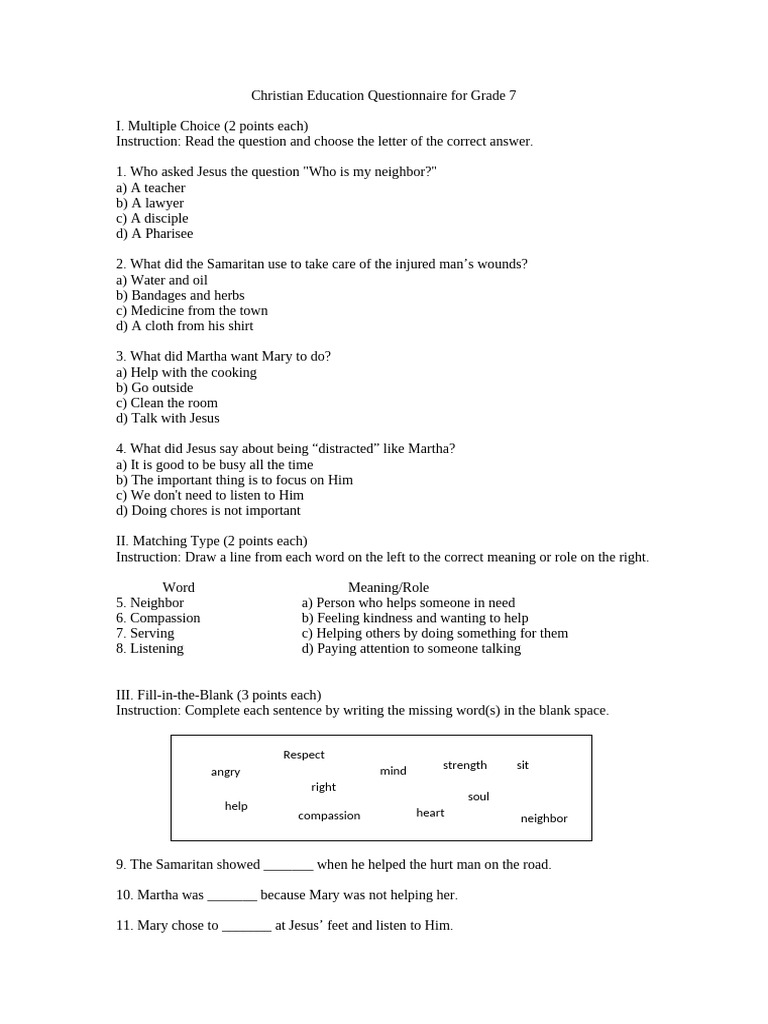 Christian Education Questionnaire For Grade 7 | PDF | Jesus | Mary ...