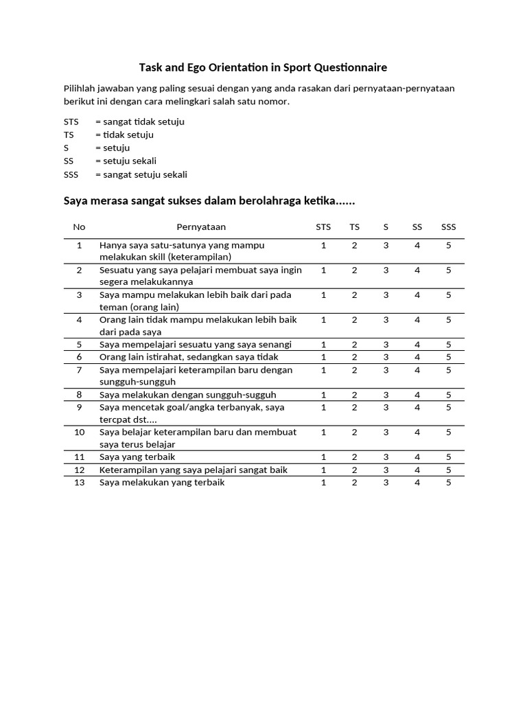 Task and Ego Orientation in Sport Questionnaire | PDF