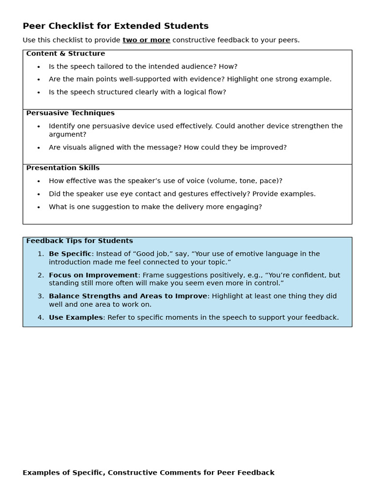Peer Feedback Checklist for Speeches | PDF | Argument | Vocabulary
