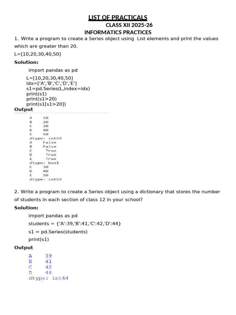 CLASS XII - IP Final List of Practicals With Coding 2025 | PDF | Data ...