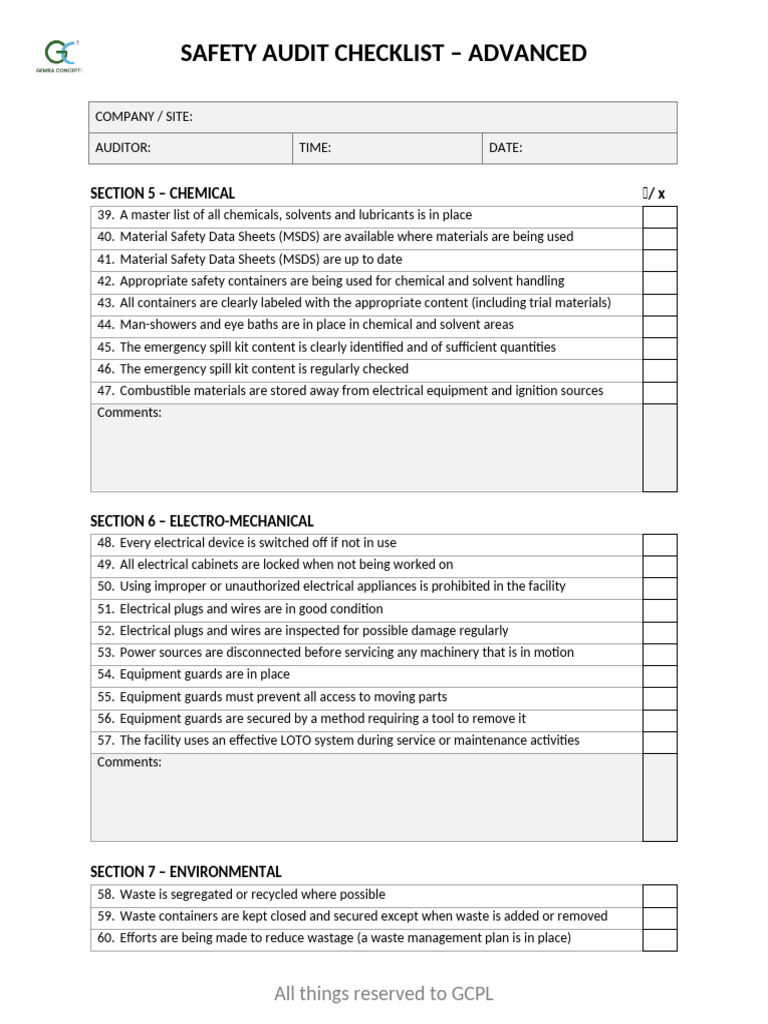 Safety Audit Checklist Advanced | PDF | Safety | Waste