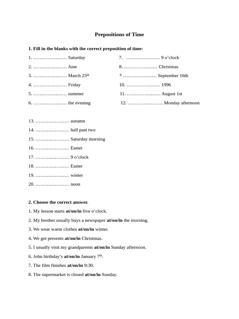 Prepositions of Time | PDF