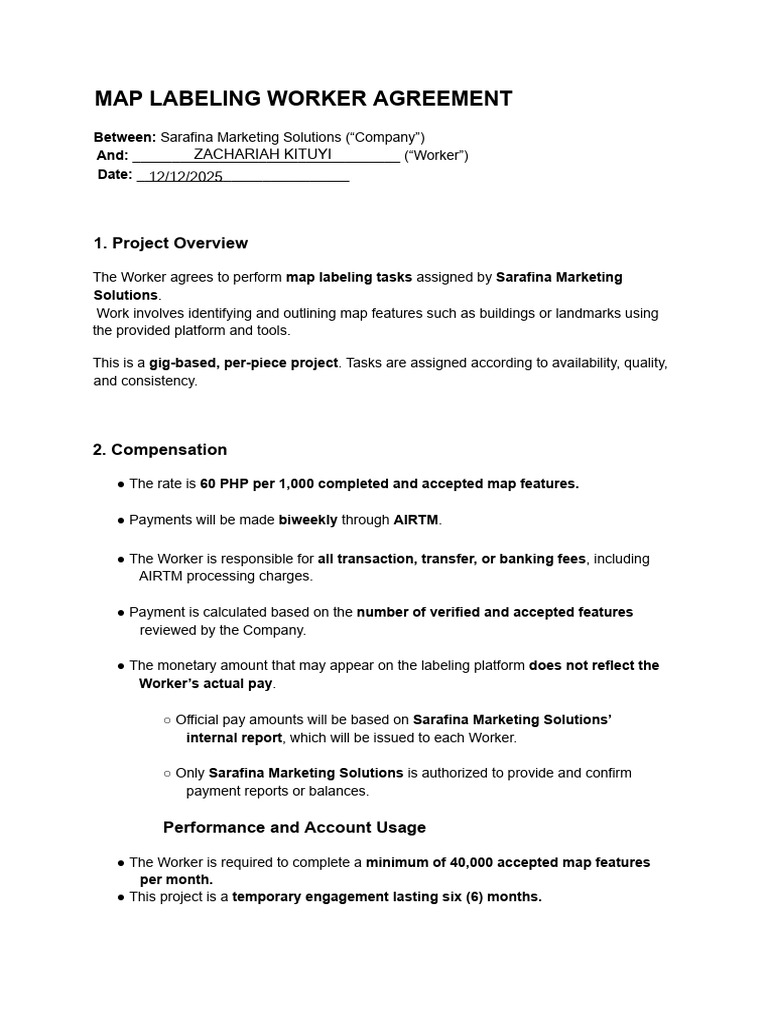 MAP LABELING WORKER AGREEMENT (1) | PDF | Business
