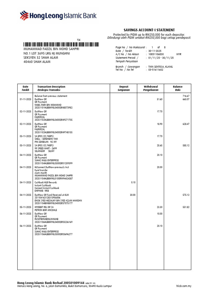 Savings Account Statement for November 2025 | PDF | Banks | Personal ...