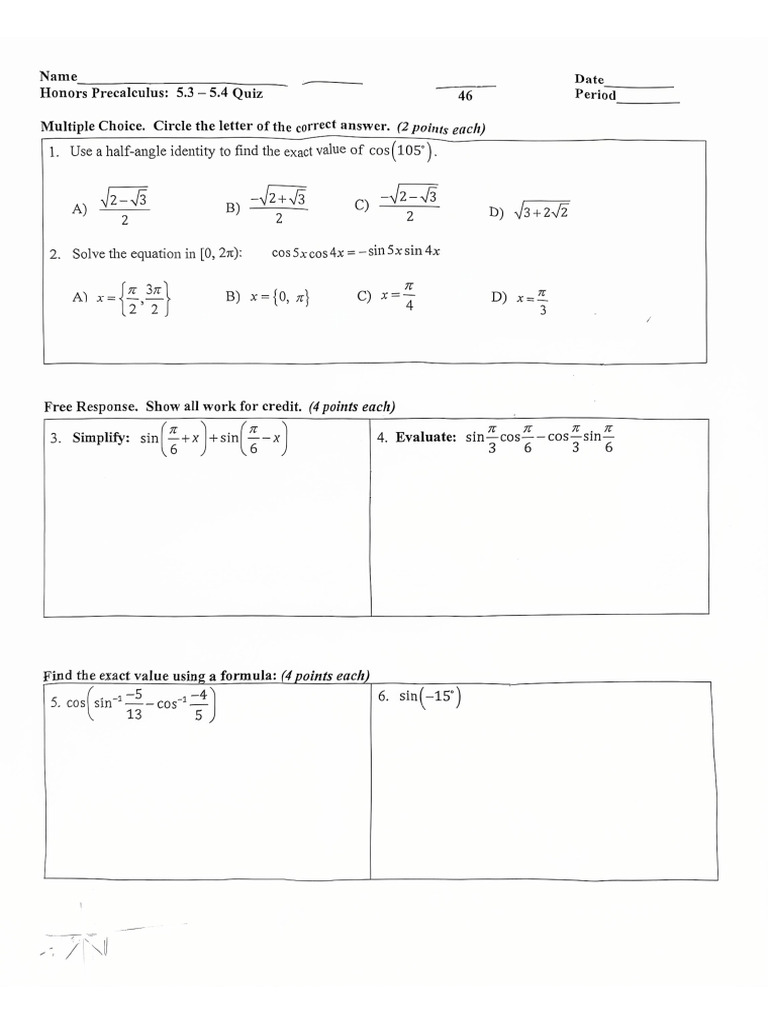 Honors Precalculus Quiz | PDF