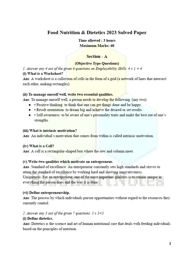 Food Nutrition Dietetics 2023 Solved Paper | PDF | Diabetes | Glycated ...