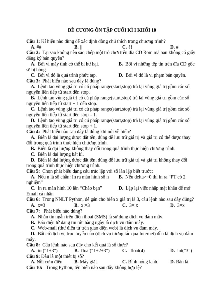 ĐỀ CƯƠNG ÔN TẬP CUOI HKI KHỐI 10 | PDF