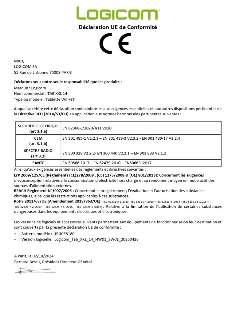 Déclaration de conformité Logicom TAB XXL 14 | PDF
