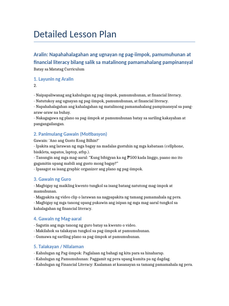 Lesson Plan Financial Literacy Matatag | PDF