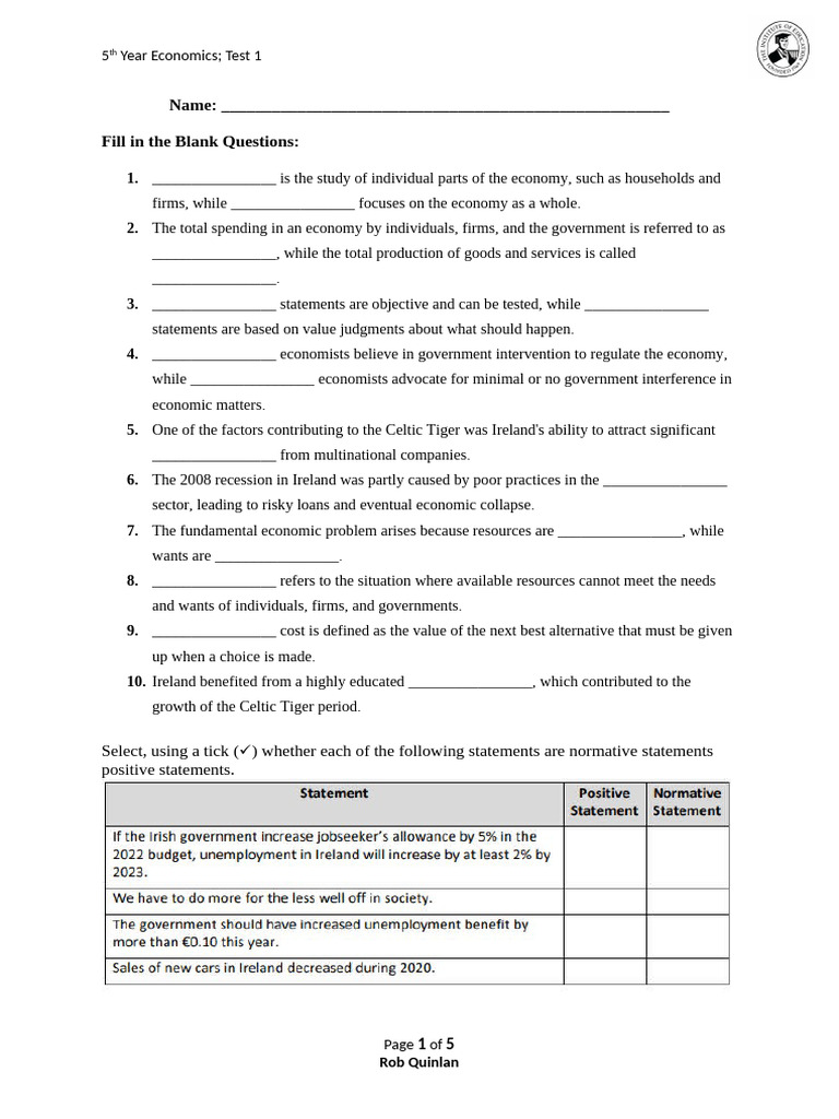 5th Year Economics Test 1 Guide | PDF | Economics | Economies