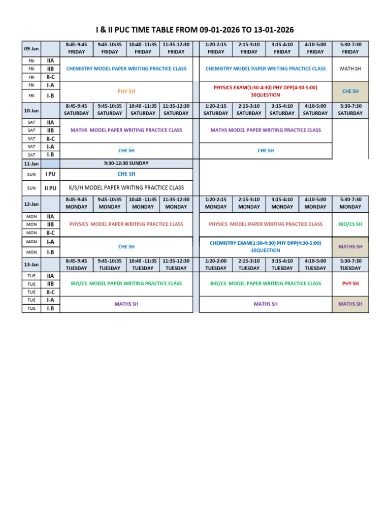 I & II PUC Time Table: Jan 2026 | PDF