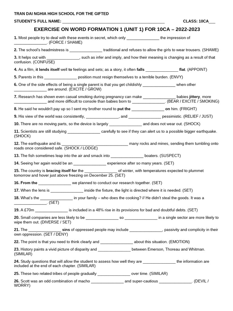 Exercise on Word Formation 1 10ca 22 23 Question (1) | PDF | Pain