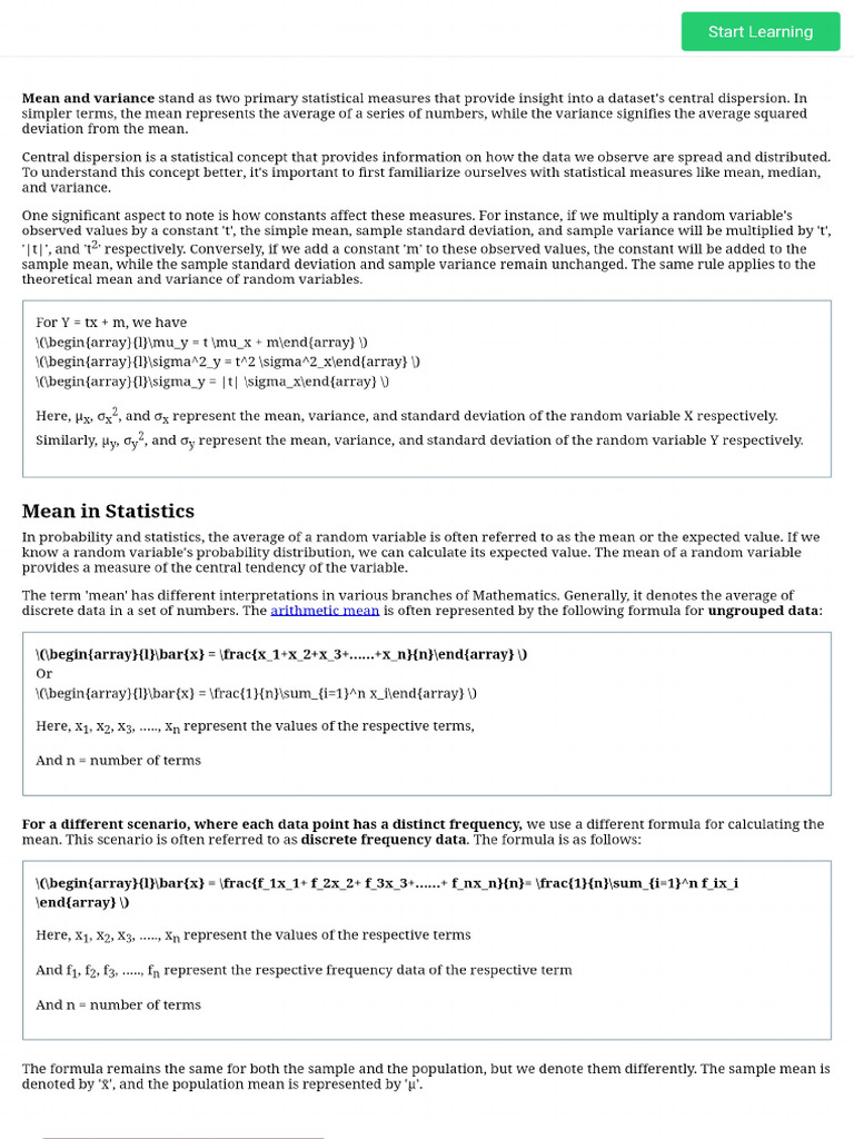 Understanding Mean and Variance in Statistics - Testbook | PDF
