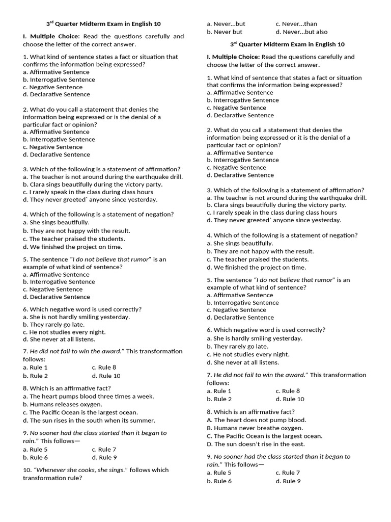 English 10 Midterm Exam Review | PDF | Semantics | Question