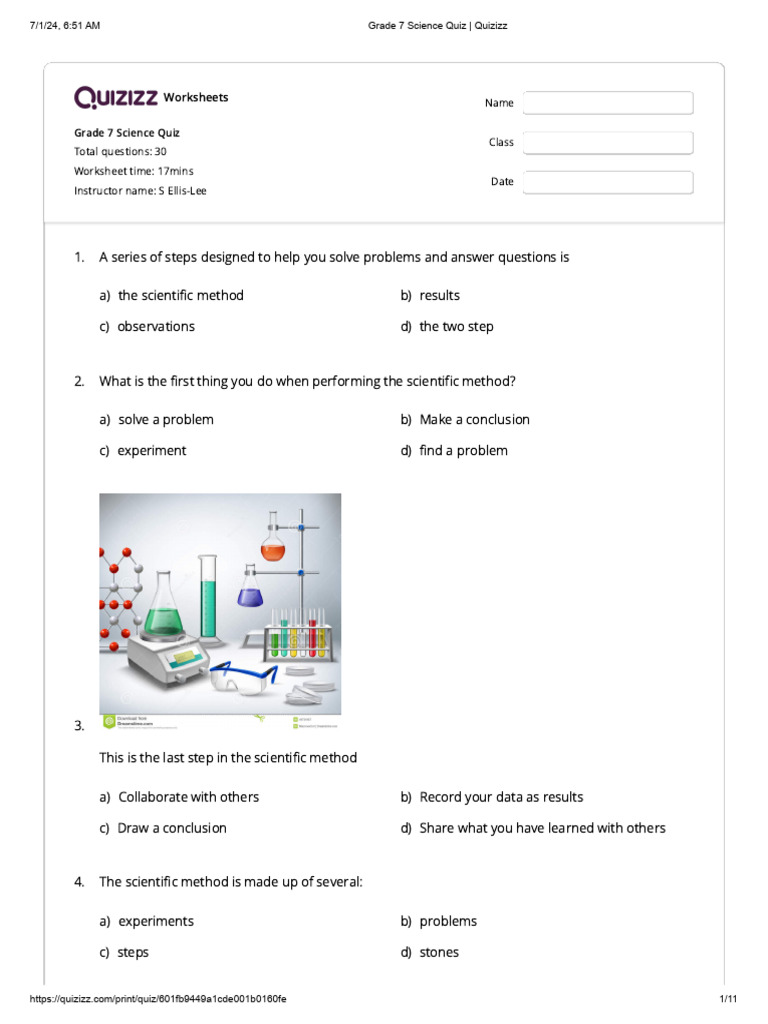 Grade 7 Science Quiz Worksheet | PDF | Experiment | Hypothesis
