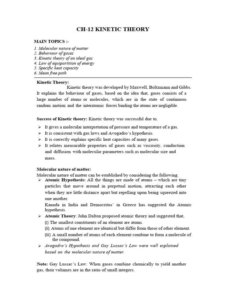 Ch-12 Kinetic Theory (1) | PDF | Gases | Mole (Unit)