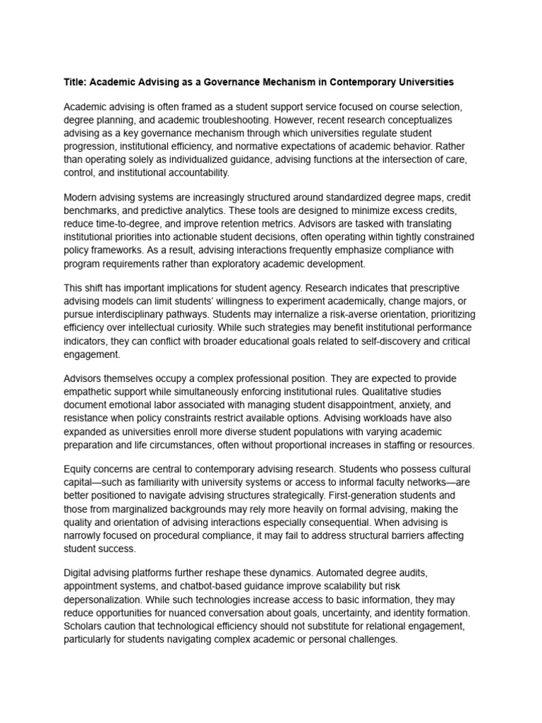 Academic Advising As A Governance Mechanism in Contemporary ...