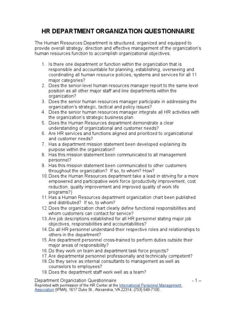 HR Department Organization Questionnaire | PDF | Human Resources ...