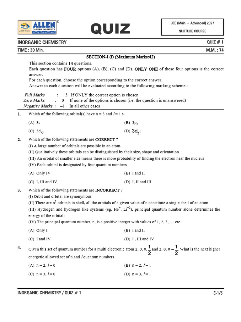 Quiz # 1 Student Copy | PDF | Atomic Orbital | Electron Configuration