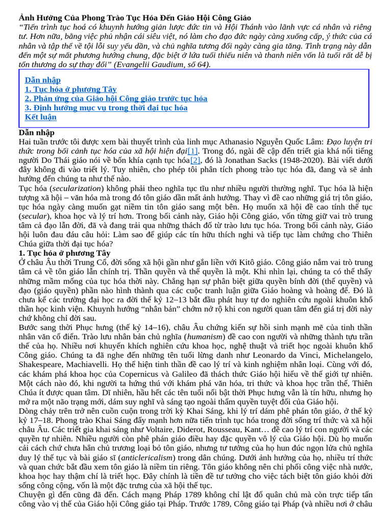 Ảnh Hưởng Của Phong Trào Tục Hóa Đến Giáo Hội Công Giáo | PDF