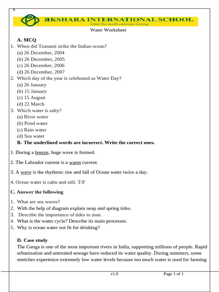 Water Worksheet Std 7 (1) | PDF