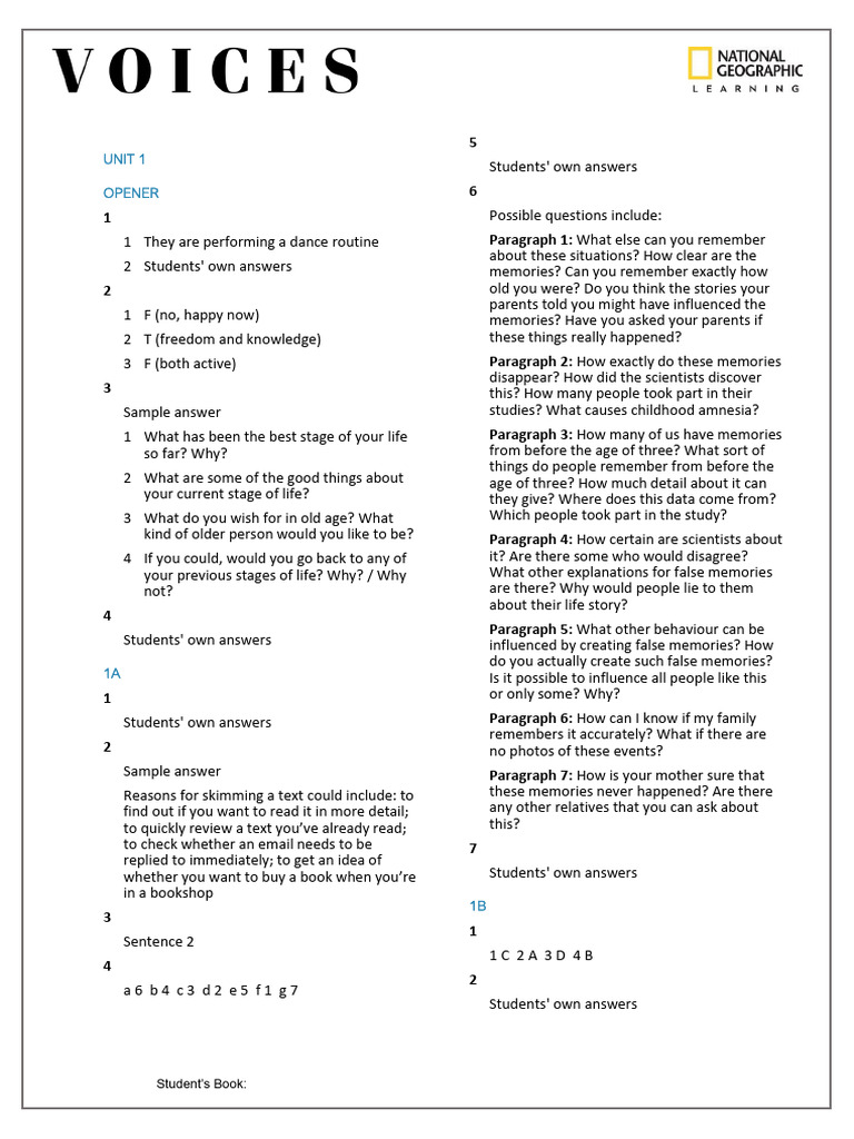 Intermediate Plus Answer Key Guide | PDF | Memory | Roommate