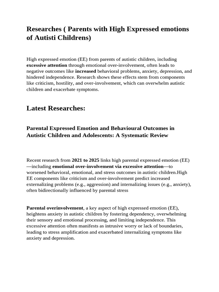 Researches of Parents With High Expressed Emotions | PDF | Autism | Anxiety