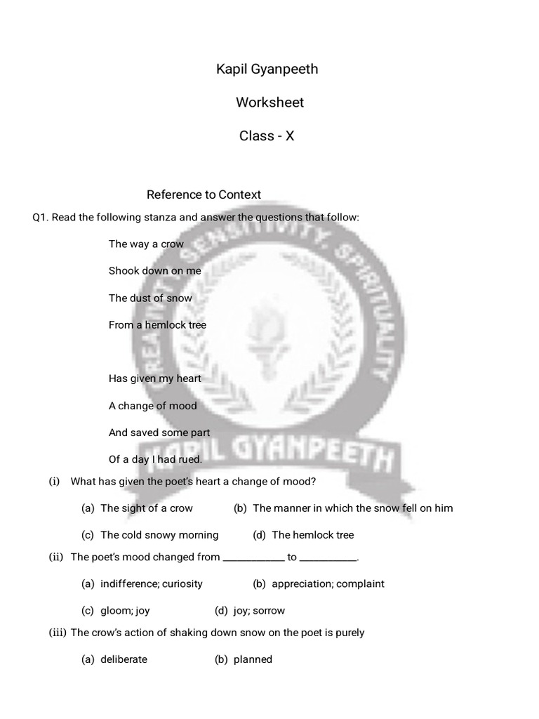 Poem-1_Class-X_Worksheet-1(RTCs)2025-26 | PDF | Poetry