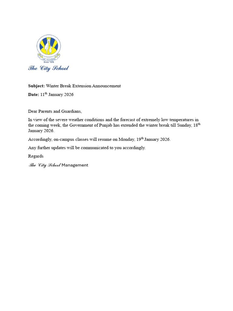 Circular - Winter Break Extension Announcement Jan 2026 | PDF