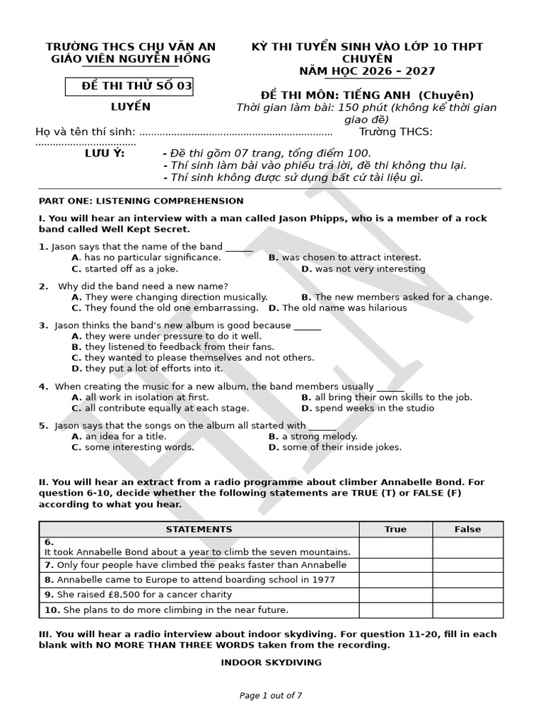 ĐỀ THI THỬ SỐ 03 | PDF | Adverse Effect | Adolescence