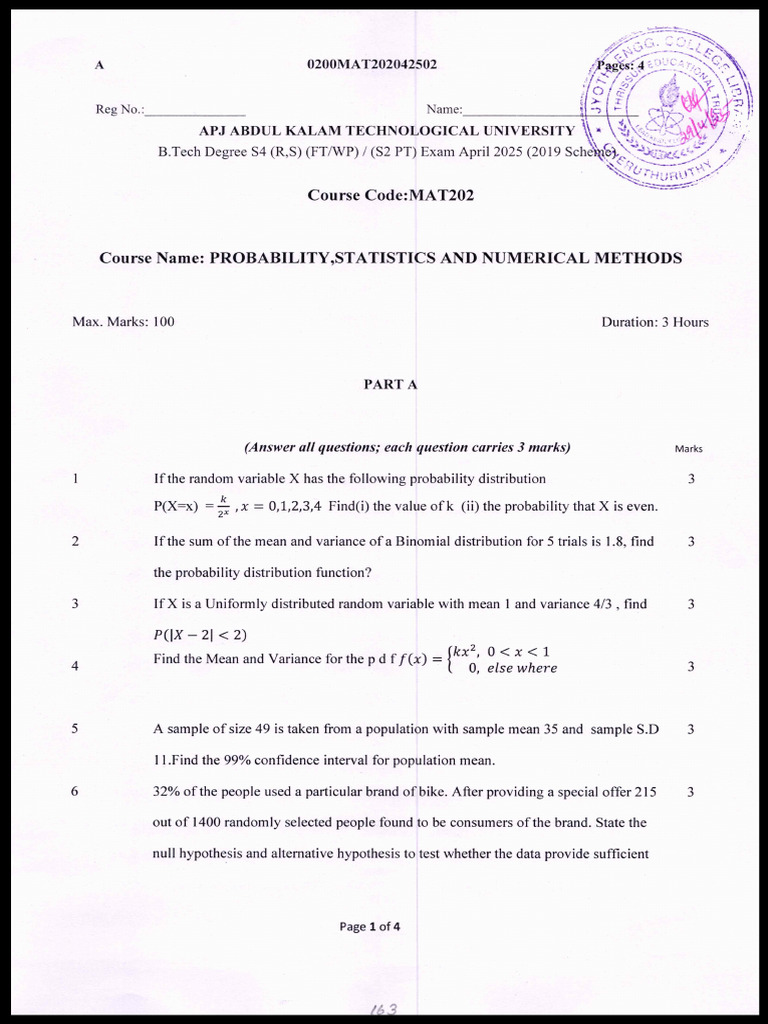 Mat202 Probability, Statistics and Numerical Methods, April 2025 | PDF
