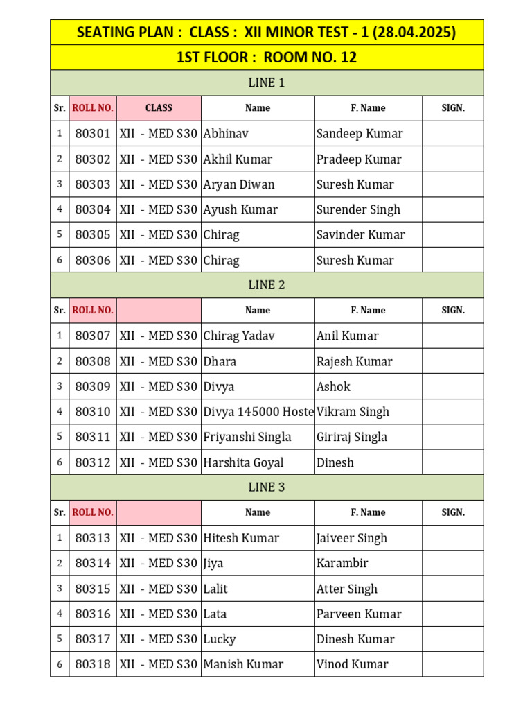 1. Xii Minor Test-1 (28.04.2025) Seating Plan | PDF