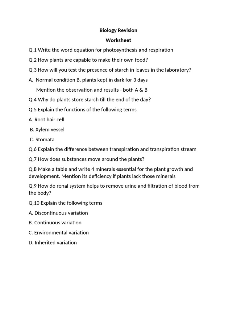 Bio Year 9 Revision Worksheet | PDF