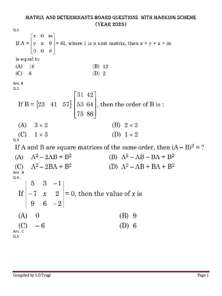 Matrix and Determinants Q&A 2025 | PDF