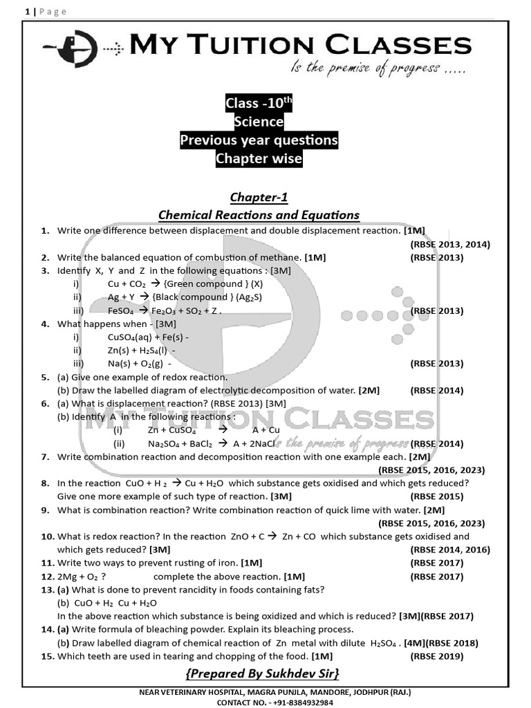 MTC Class 10 RBSE Previous Year Chapter | PDF | Acid | Chemical Reactions