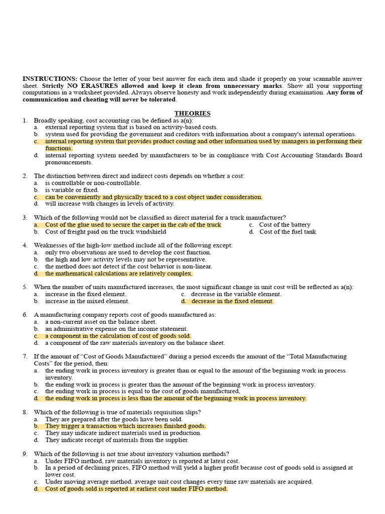2nd Cost Accounting and Control MTE 1SAY2324 1 | PDF | Cost Of Goods Sold | Inventory