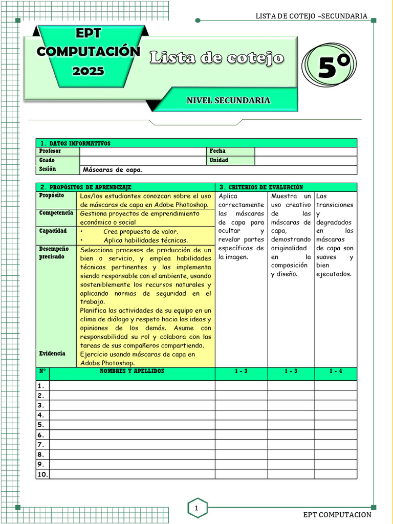 5° COTEJO SEM 4 UNI 7 - EPT COMPUTACION 2025 | PDF | Informática