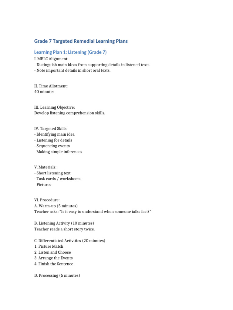 Grade 7 Listening and Reading Plans | PDF