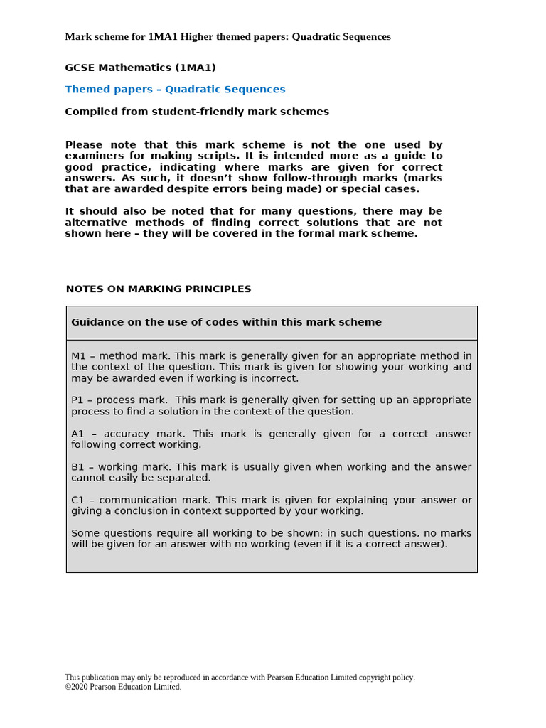 34b Quadratic Sequences_H_Mark Scheme | PDF | Mathematics