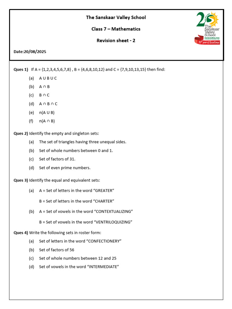 Grade 7 Half Yearly Revision Sheet 2 | PDF | Mathematics