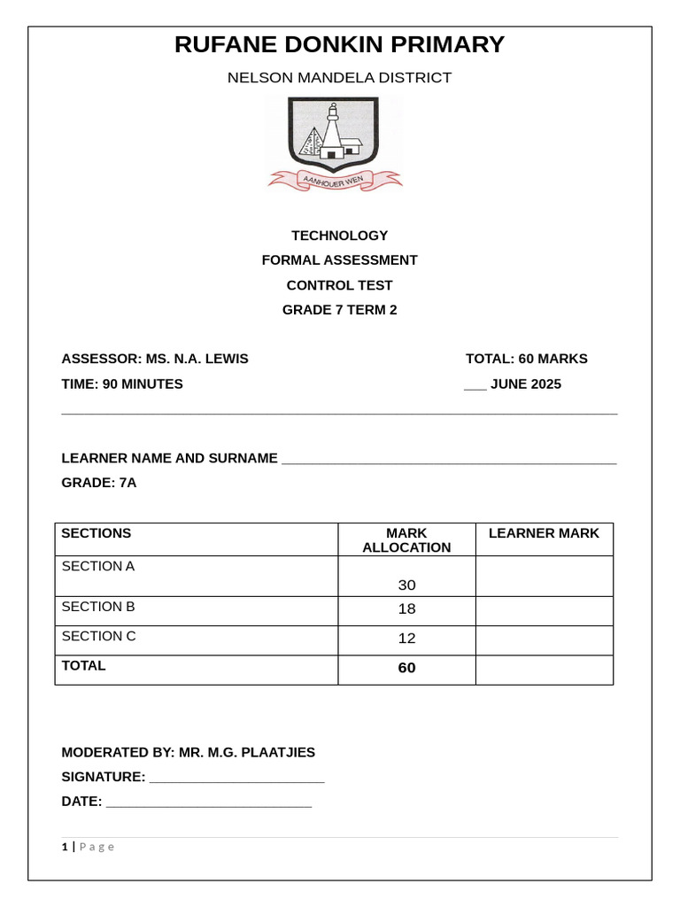 Print Grade 7a Technology June Exam 2025 | PDF | Lever